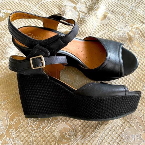 Clarks | Shoes | Clarks Artisan Black Leather Platform Wedges | Poshmark